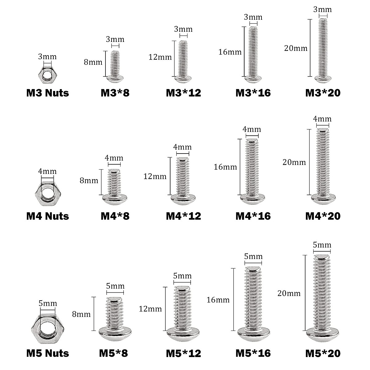 Hilitchi 460-Piece M3 M4 M5 Stainless Steel Button Head Hex Socket Head Cap Bolts Screws Nuts Assortment Kit