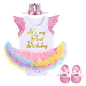 ODASDO Baby Girl First Birthday Outfit Rainbow Tulle Vest Tutu Princess Romper Dress Bodysuit Tiara Crown Headband Shoes 3pcs Cake Smash Set Photo Props Pink 6-12 Months
