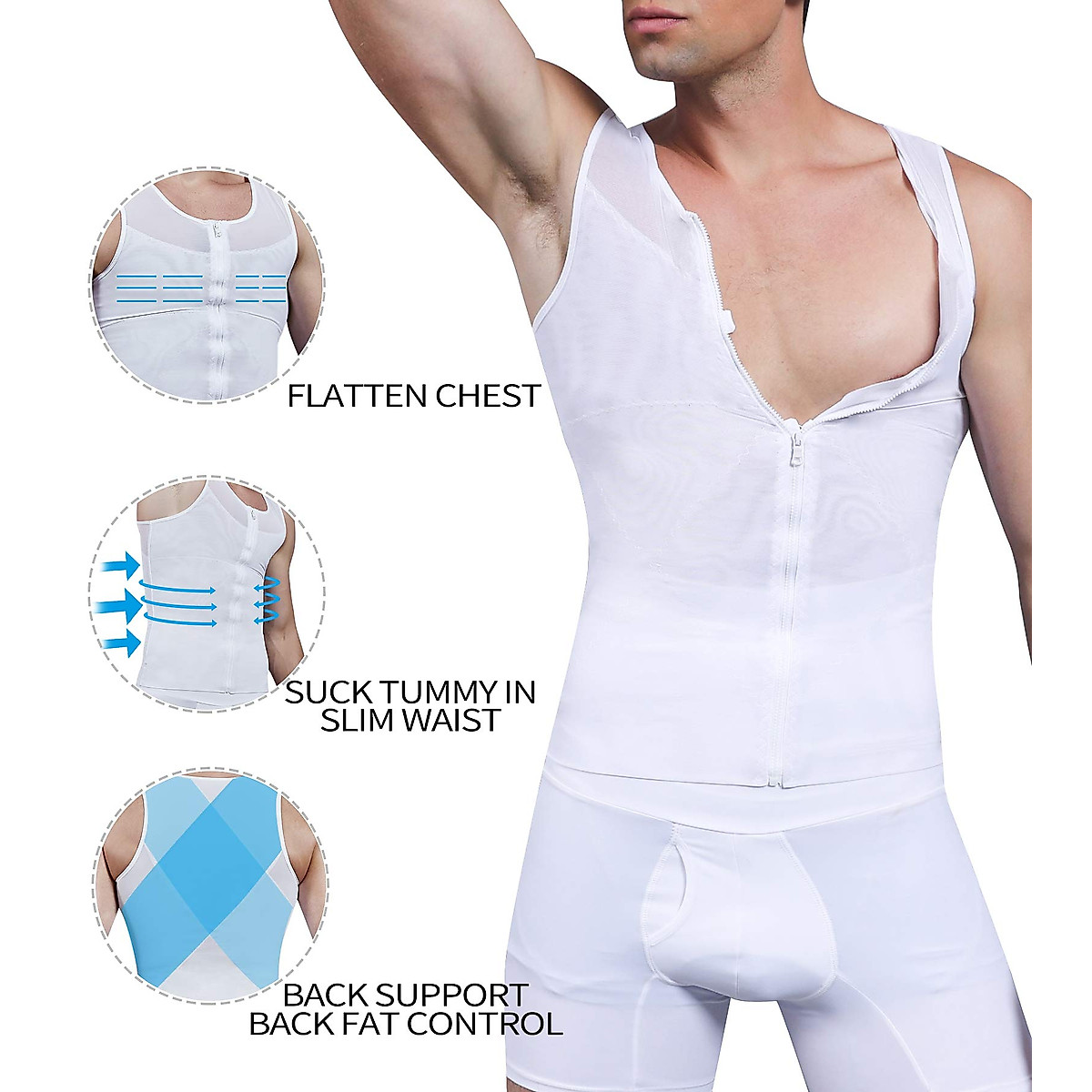 Vaslanda Men Slimming Body Shaper Vest Chest Compression Shirt Tight Undershirt Shapewear Tank Top Moobs Binder Zipper White