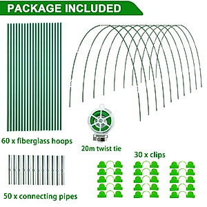 Garden Hoops for Raised Bed, 60 PCS Greenhouse Hoops 10 Sets of 8.5 FT Long Garden Arch Greenhouse Frame Rust-Free Fiberglass Garden Hoops for Row Cover Netting Shade Cloth