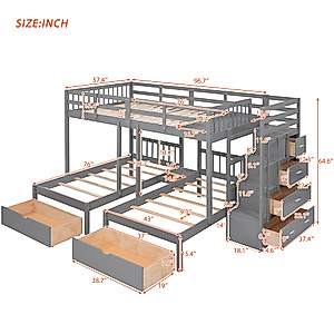 Full Over Twin & Twin Bunk Bed, Wood Triple Bunk Bed Frame with with Staircase, Drawers and Guardrails, Multi-Functional Bunk Bed for Kids, Teens, Adults (Gray*Staircase)