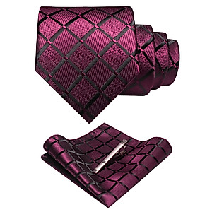 JEMYGINS Plaid Maroon Tie and Pocket Square Hankerchief Mens Silk Necktie with Tie Clip Sets(1)