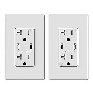 ELEGRP 36W QC 3.0 PD 2.0 USB Wall Outlet, Dual Type C Power Delivery and Quick Charge for iPhone/iPad/Samsung/LG/HTC/Android Devices, 20 Amp USB Receptacle, UL Listed, w/Wall Plate, 2 Pack, White