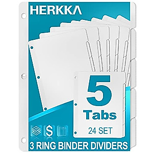 5-Tab Binder Dividers, HERKKA 3 Ring Binder Dividers with Reinforced Edge, 3 Hole Punch Section Index Dividers for Binders, 1/5-Cut Tabs, Letter Size, White, 120 Dividers