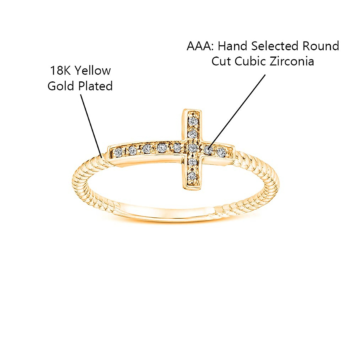 Savlano 18K Yellow Gold Plated Round Cut Cubic Zirconia Sideways Cross Rope Band Ring Women Religious Ring (6)