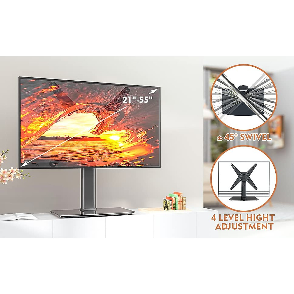 Hemudu Universal Swivel TV Stand/Base Table Top TV Stand for 21 to 55 inch TVs with 90 Degree Swivel, 4 Level Height Adjustable, Heavy Duty Tempered Glass Base, Holds up to 99lbs, HT02B-002