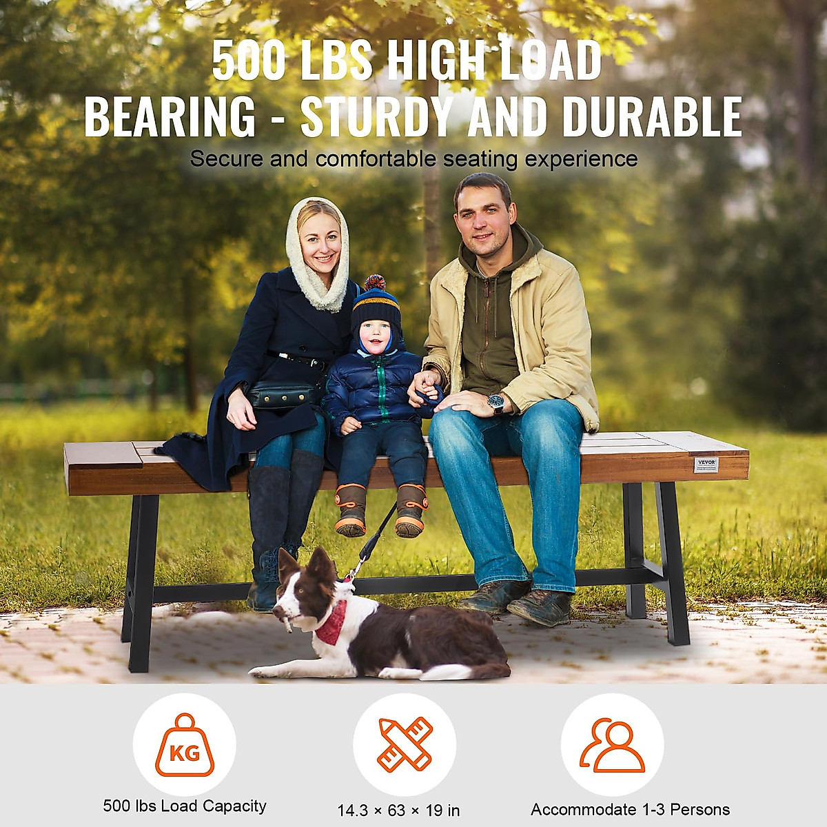 VEVOR Wood Outdoor Bench, 3-Person Garden Bench, 500 lbs Load Capacity,Weatherproof Never Rot Patio Bench for Garden, Park, Yard, Front Porch-63