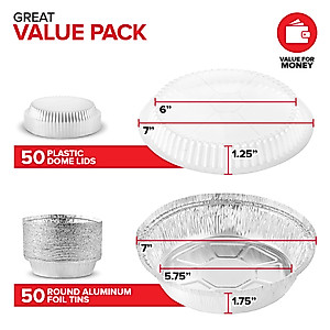Stock Your Home 7 Inch Round Aluminum Pans with Lids (50 Pack) Disposable Foil Pan with Clear Dome Top, To Go Pie Tins, Containers for Baking or Take out Food