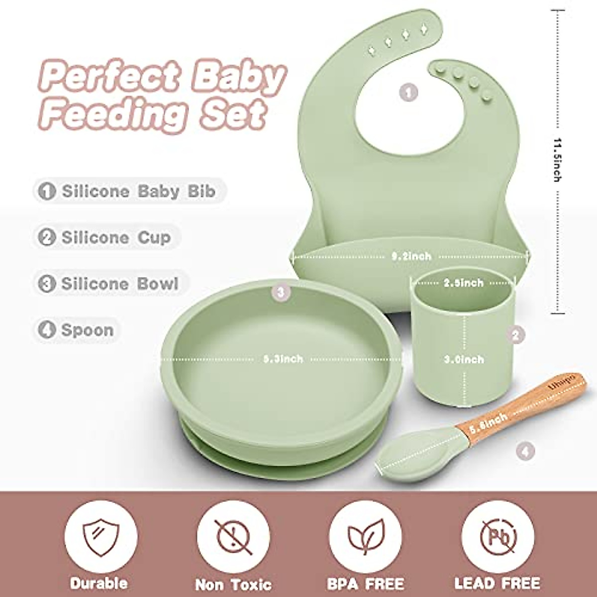 Baby Feeding Set, BPA free, Food Grade Silicone Dinner Plate and Cutlery Set, Learn To Eat on Your Own, Set Includes Suction Cup Bowl, Spoon, Bib and Cup (Fruit Green)