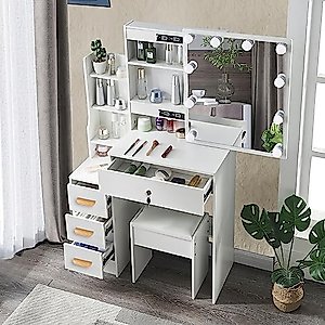 Makeup Vanity with Lights and Charging Station,Lighted Mirror Vanity with 3 Lighting Modes,Vanity Desk with 4 Drawers & Cushioned Stool,Modern Vanity Table for Girls Bedroom,White