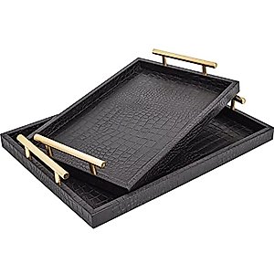 MACVAD Set of 2 Modern Elegant Large Wood Serving Tray, Black Crocodile Leather with Gold Polished Metal Handles, Rectangle Decorative Tray for Ottoman Coffee Table Living Room