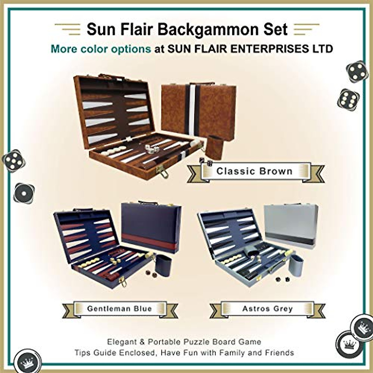 Sun Flair Backgammon Set - 15 Inch Backgammon Sets for Adults, Folding Classic Board Game with Premium Leather Case, Best Strategy and Tip Guide Enclosed (Brown, Medium)