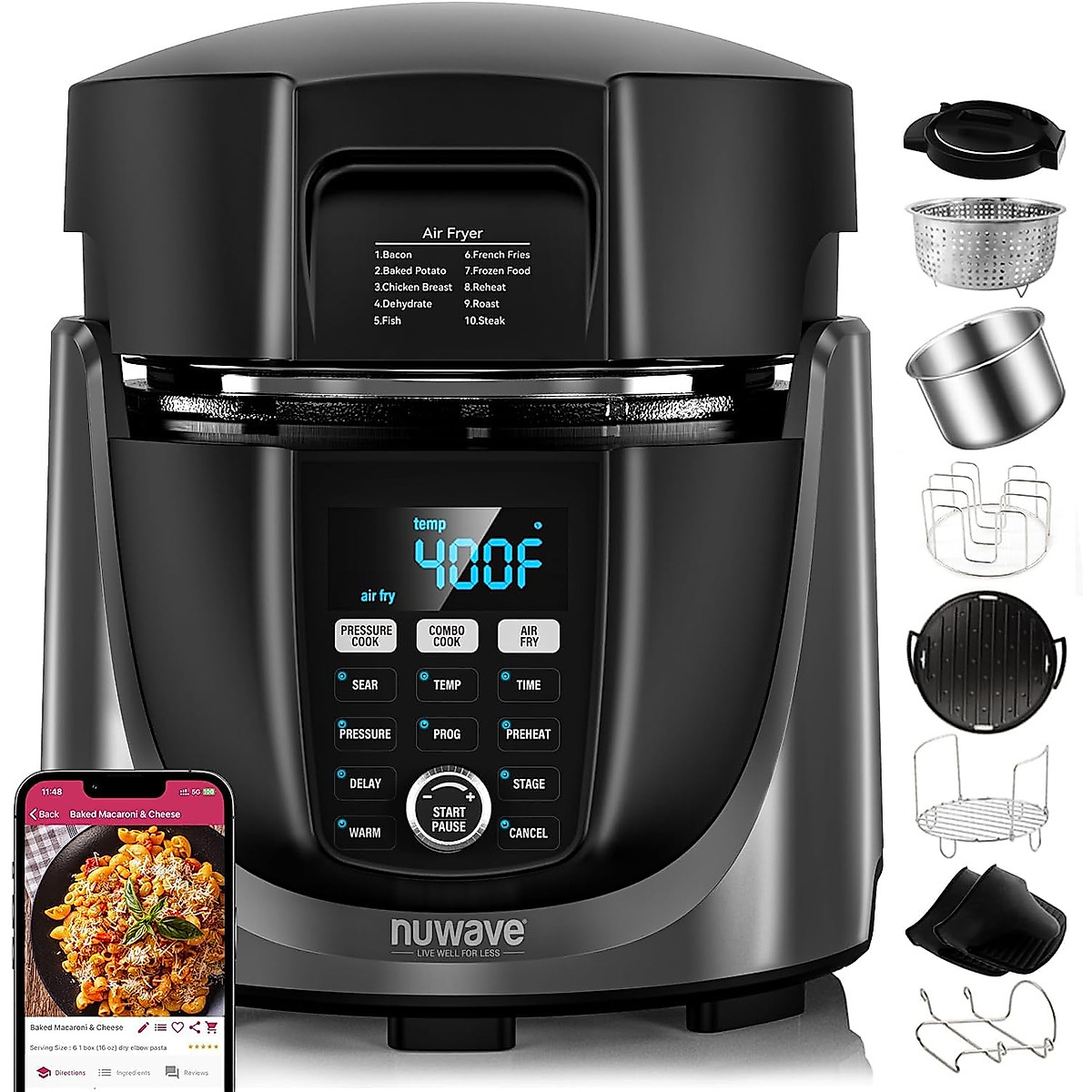 Nuwave Duet Air Fryer, Electric Pressure Cooker & Grill Combo, 540 IN 1 Multicooker with 2 Removable Lids, Slow Cook, Sears, Sautés, 18/10 SS Pot, Sure-Lock Safety Tech & 9 Deluxe Accessories
