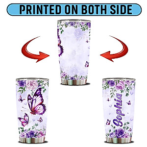 WONWIX Personalized Purple Butterfly Coffee Mugs For Girls Mom Women Adults Butterflies Lovers Water Bottle Travel Mug Mothers Day Birthday Christmas Valentine 20oz Stainless Steel Cup With Lid