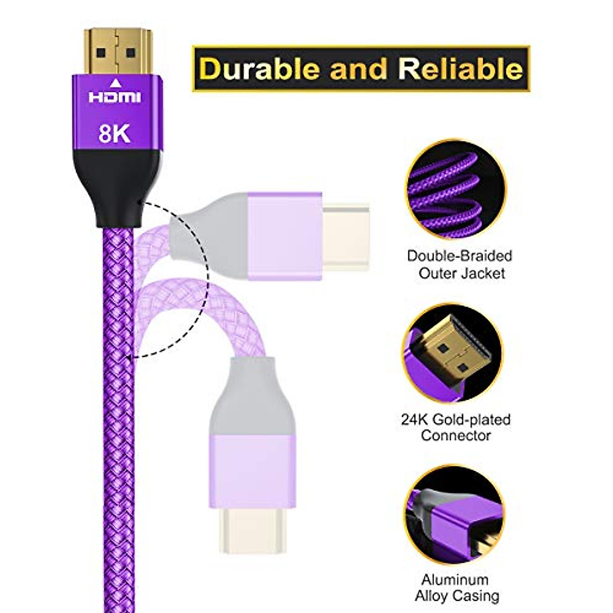 Basesailor 8K 60Hz HDMI Cable 10FT 2 Pack,48Gbps 7680P Ultra High Speed Cord for Apple TV,Roku,Samsung QLED,2.0 2.1,Sony Playstation,PS5,6FT,Xbox One Series X,eARC HDR HDCP 2.2 2.3,4K 120Hz 144Hz
