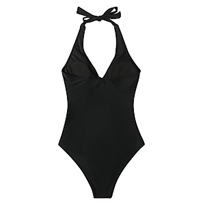 RXRXCOCO Women Sexy V Neck Mesh One Piece Bathing Suit Halter Push Up Tummy Control Swimsuit Swimwear X-Large Black