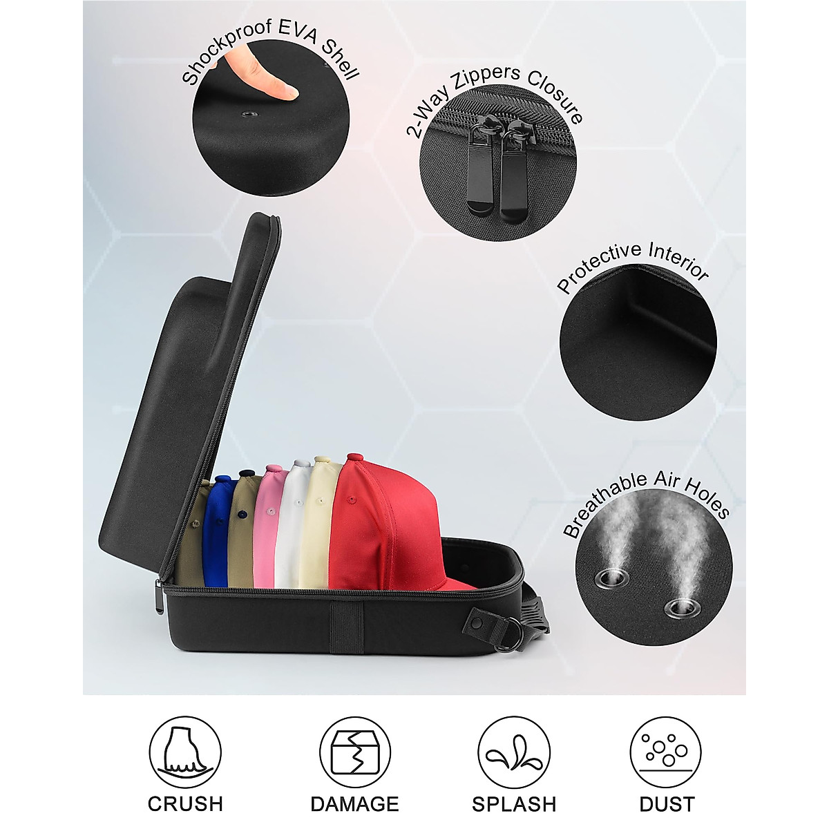 Allgawise Set of 2 Hard Hat travel Cases for Baseball Caps - Hat Storage Organizer Holder with Handle, Shoulder Strap and Trolley Sleeve, Protect up to 10 Hats for Outdoor and Home Storage, Black