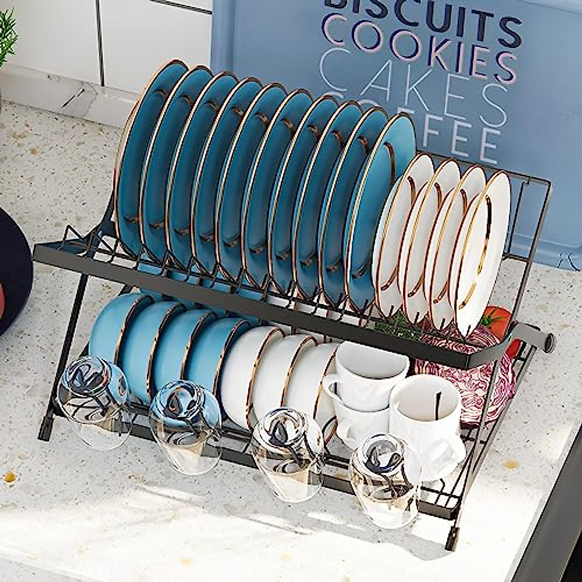 Iwaiting Outdoor Dish Drying Rack Collapsible, 2 Tier Dish Dryer Rack for More Space Saving, Durable Metal Foldable Dishrack with Cup Rack, Dish Racks for Kitchen Counter Black