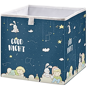 visesunny Closet Baskets Cute Rabbit Good Night Storage Bins Fabric Baskets for Organizing Shelves Foldable Storage Cube Bins for Clothes, Toys, Baby Toiletry, Office Supply