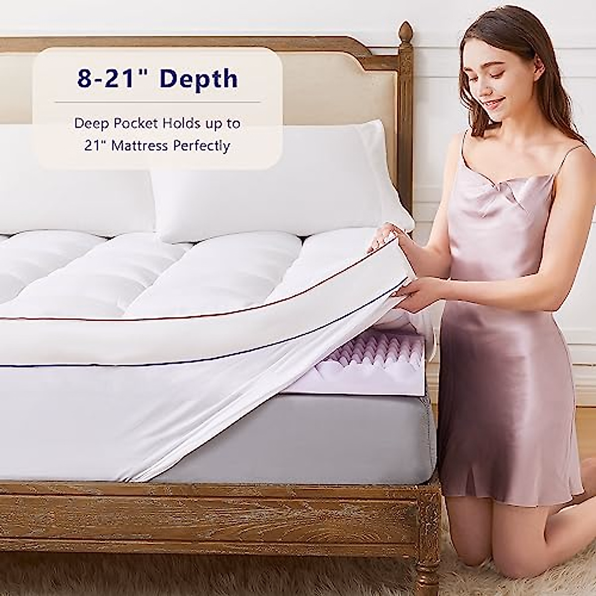 Homemate Memory Foam Mattress Topper Queen, Dual Layer 4 Inch Cooling Mattress Topper, 2 Inch Memory Foam Plus 2 Inch 1800TC Mattress Pad Comfort Support, Pillow Top with 8-21 Inch Deep Pocket, White