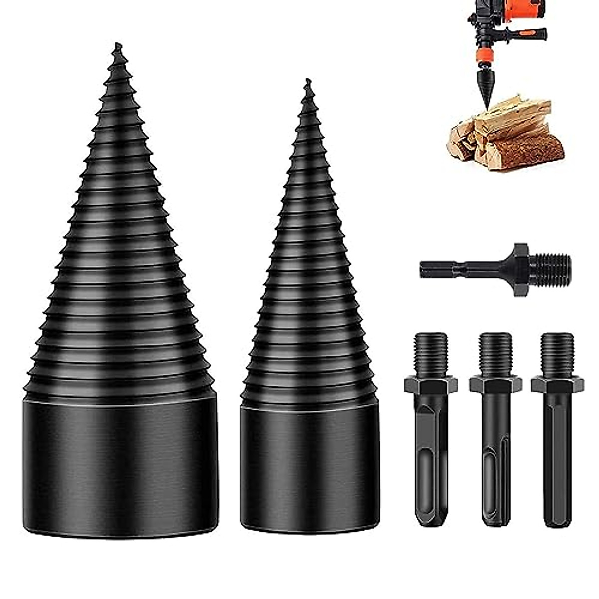 Firewood Log Splitter 45mm+32mm, 6PCS Wood Log Splitter Firewood Detachable Drill Bit Heavy Duty Electric Drills Screw Cone Driver Hex + Square + Round