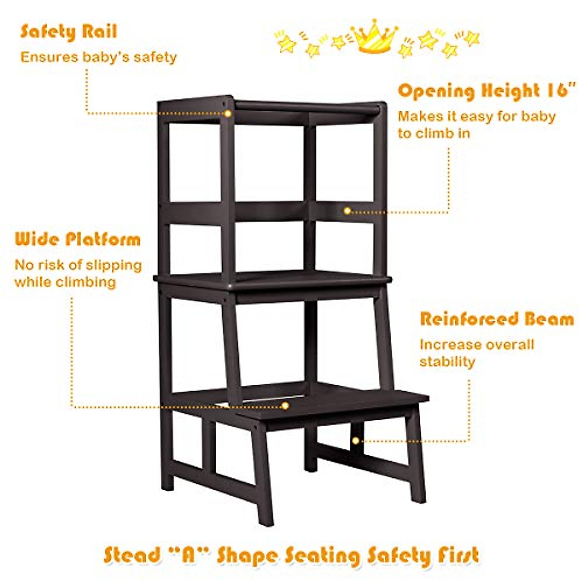 Costzon Kids Kitchen Step Stool with Safety Rail, Toddler Kitchen Stool w/Solid Bamboo Construction, Child Stand Helper for Kitchen Bathroom Living Room, Perfect for Toddler from 18-36 Months (Brown)