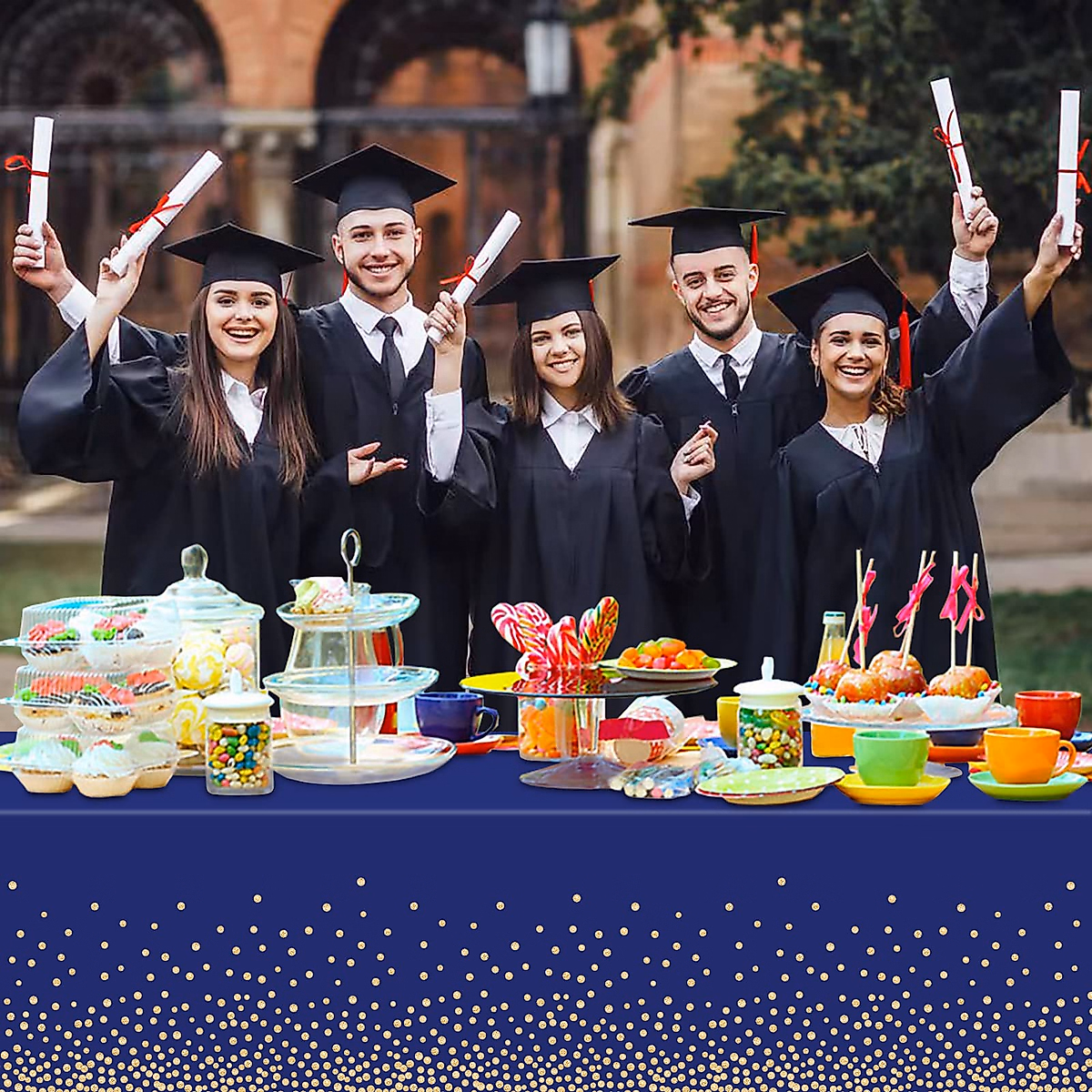 12 Pcs Navy Blue Plastic Tablecloth Gold Dot Blue Table Cloth, 54×108 inches Disposable Gold Dot Confetti Dark Blue Table Cover for Anniversary, Friendsgiving, Fine Dining, Graduation Party Decoration