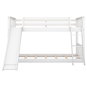 Harper & Bright Designs Low Bunk Beds with Slide, Solid Wood Twin Over Twin Bunk Beds Frame with Ladder, Safety Guardrail, Twin Size Floor Bunk Bed for Kids, Teens, White