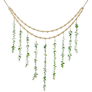 Hanging Eucalyptus Boho Wall Decor Large Boho Bedroom Wall Hanging Wooden Bead Garland Artificial Eucalyptus Natural Greenery Decoration, 36 x 36 Inch