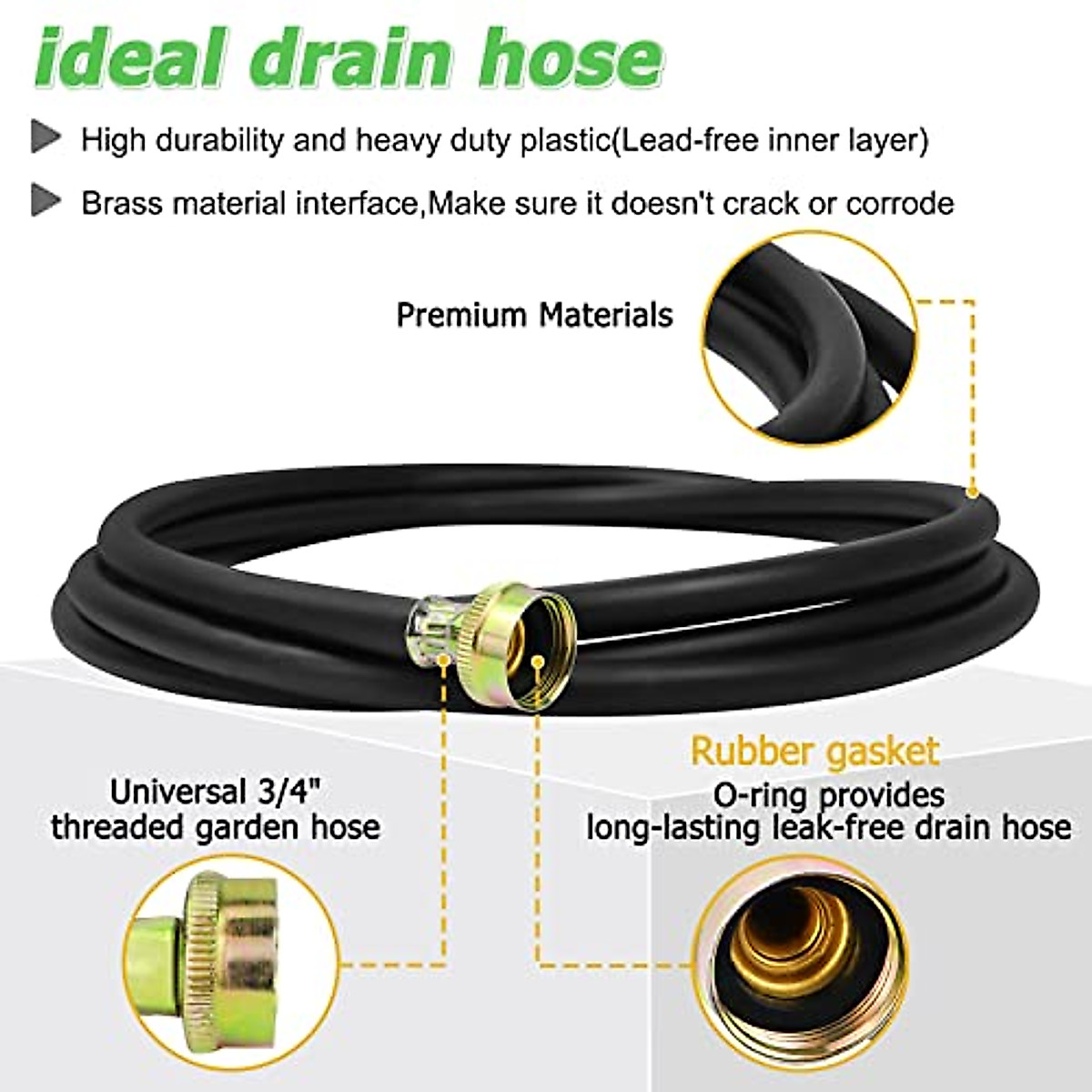 7507100 Dehumidifier Drain Hose, Garden Hose 3/4 in x 12 ft,Brass Interface with a Rubber Seal 100% Prevent Water Leakage.