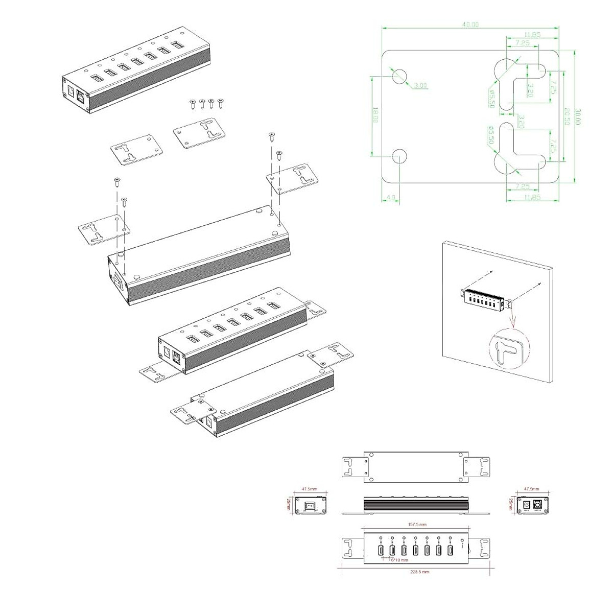 Vantec 7-Port USB 3.0 Hub, Aluminum, Full Powered, Mountable, with All Ports Data & Charging Up to 1.5A, BC 1.2, Premium 12V/3A, 36W Power Adapter (UGT-AH710U3-BK),Black