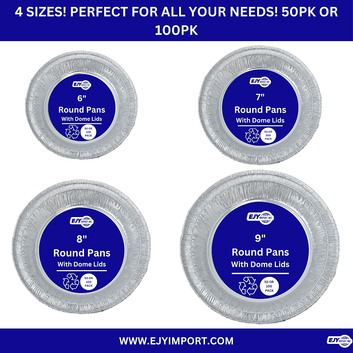 EJY IMPORT Round Disposable Aluminum Foil Pans With Clear Dome Lids (50, 6" Pan W/Dome Lids Set)