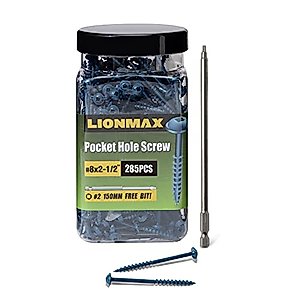 LIONMAX Pocket Hole Screws #8 x 2-1/2", Pocket Wood Screws 285 PCS, Square Drive Washer Head Screws, Coarse Thread with Blue Coated for Outdoor Use, Self Tapping, 150MM Drive Bit Included