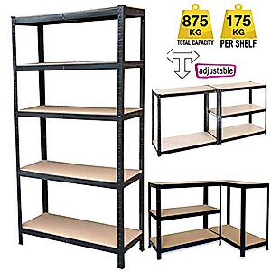 Autofather 5-Tier Shelving Unit 70" x 35" x 16" Shelving for Garages and Sheds Boltless Design with MDF Boards Heavy Duty 386LB Capacity Per Shelf Metal Shelving Units for Storage, Black