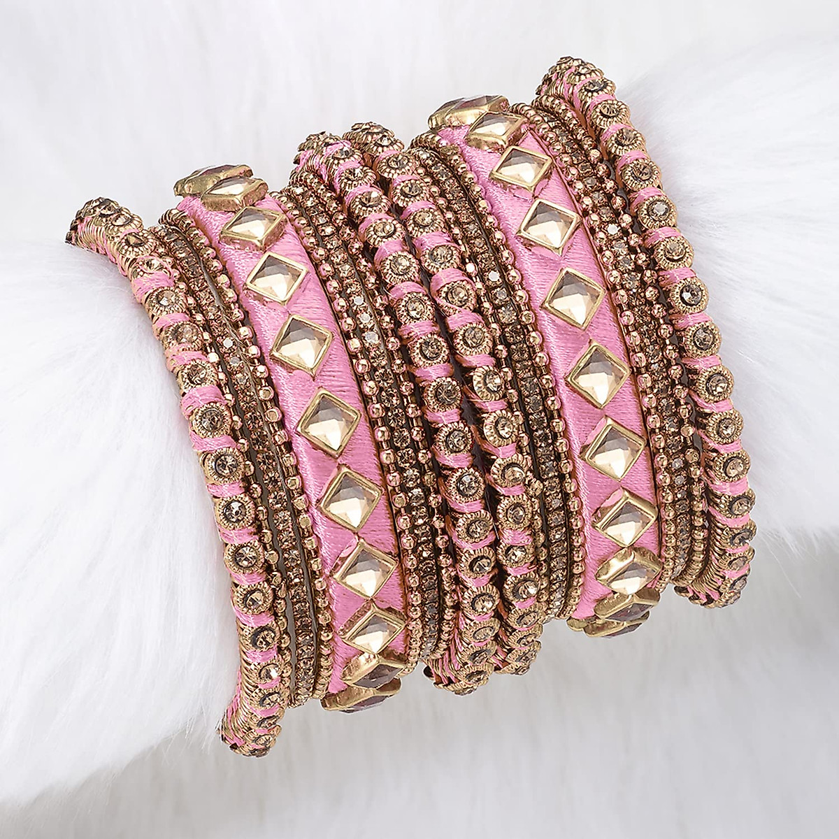 Aheli Pink Silk Thread Kundan Chuda Chura Bangle Set For Women and Girls (Size - 2.6)