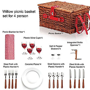 Wicker Picnic Basket Set for 4 Persons with Large Insulated Cooler Bag and Waterproof Picnic Blanket, Willow Picnic Hamper for Family, Outdoor, Camping, Party(Red)