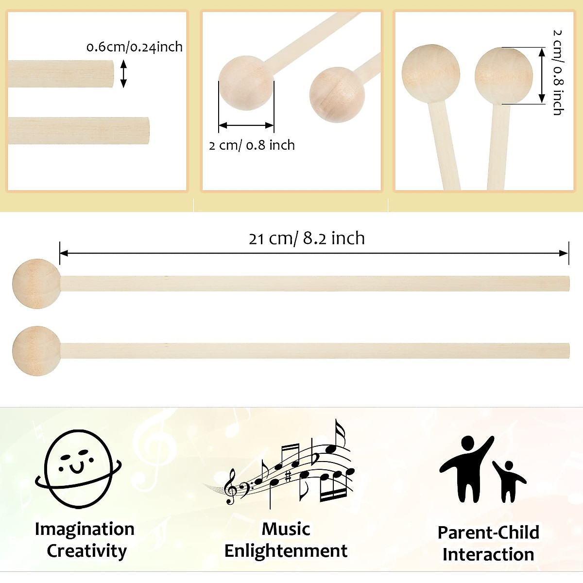20 Pieces Wood Mallets Percussion Glockenspiel Xylophone Mallets Sticks Wood Small Musical Drumsticks Chime Round Head Hammer Wooden Drum and Percussion Mallets for Kids, 8.2 Inch Long