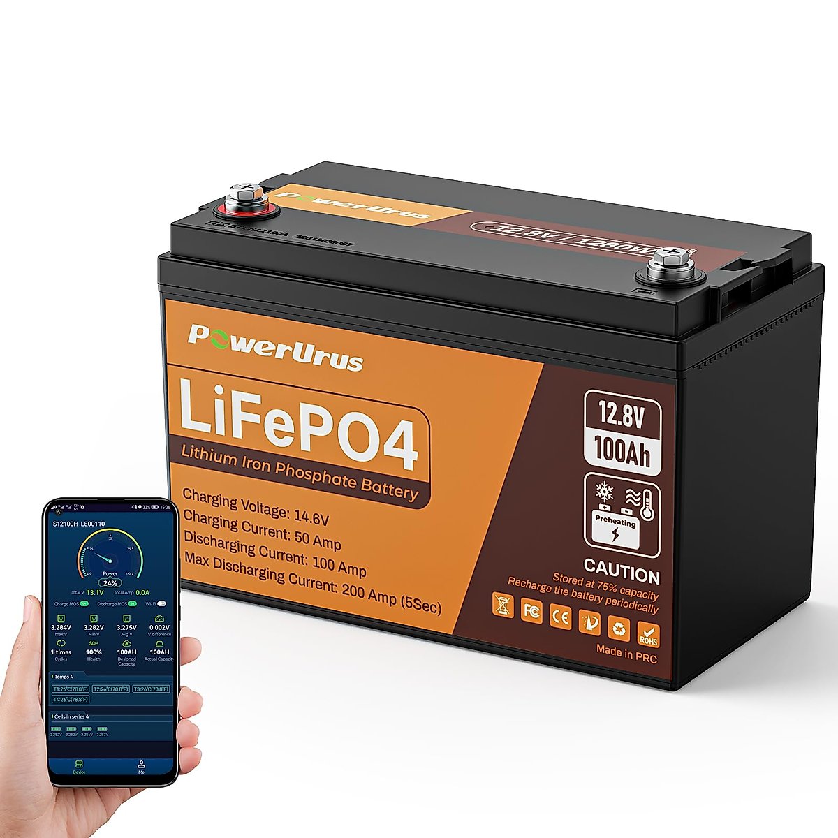 12V 100Ah Self-Heating LiFePO4 Lithium Battery with Smart APP, 4000+Cycle LiFePO4 Battery, Built-in 100A BMS, Wireless Real-Time Battery Monitor Function for RV, Marine, Off Grid Application
