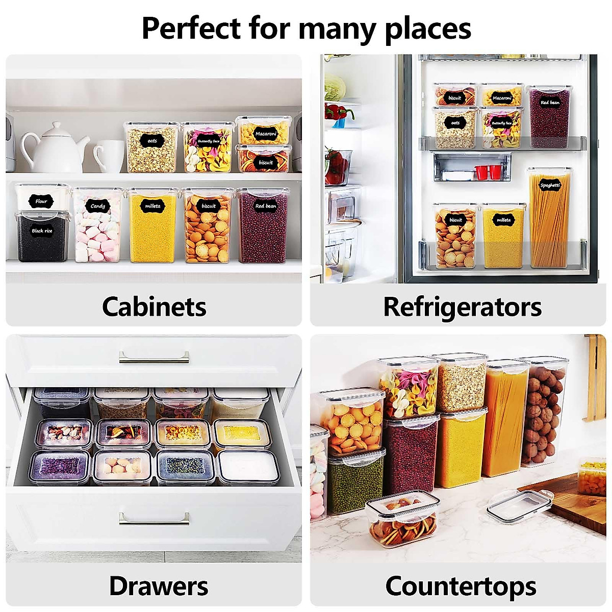 Airtight Food Storage Containers Set-Kitchen and Pantry Organization 16 Pack, BPA-Free Plastic Containers with Lids for Dry Food, Cereal, Flour & Sugar, Include Labels, Marker & Spoon Set