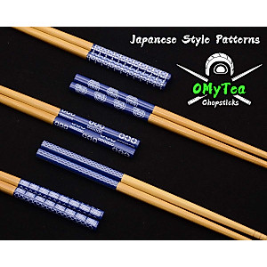 OMyTea Chopsticks Reusable - Japanese Bamboo Chopsticks 5 Pairs Gift Sets, 8.9 Inch/22.5cm, for Sushi, Ramen, Noodles, Rice, Travel, Camping (Japanese Blue)