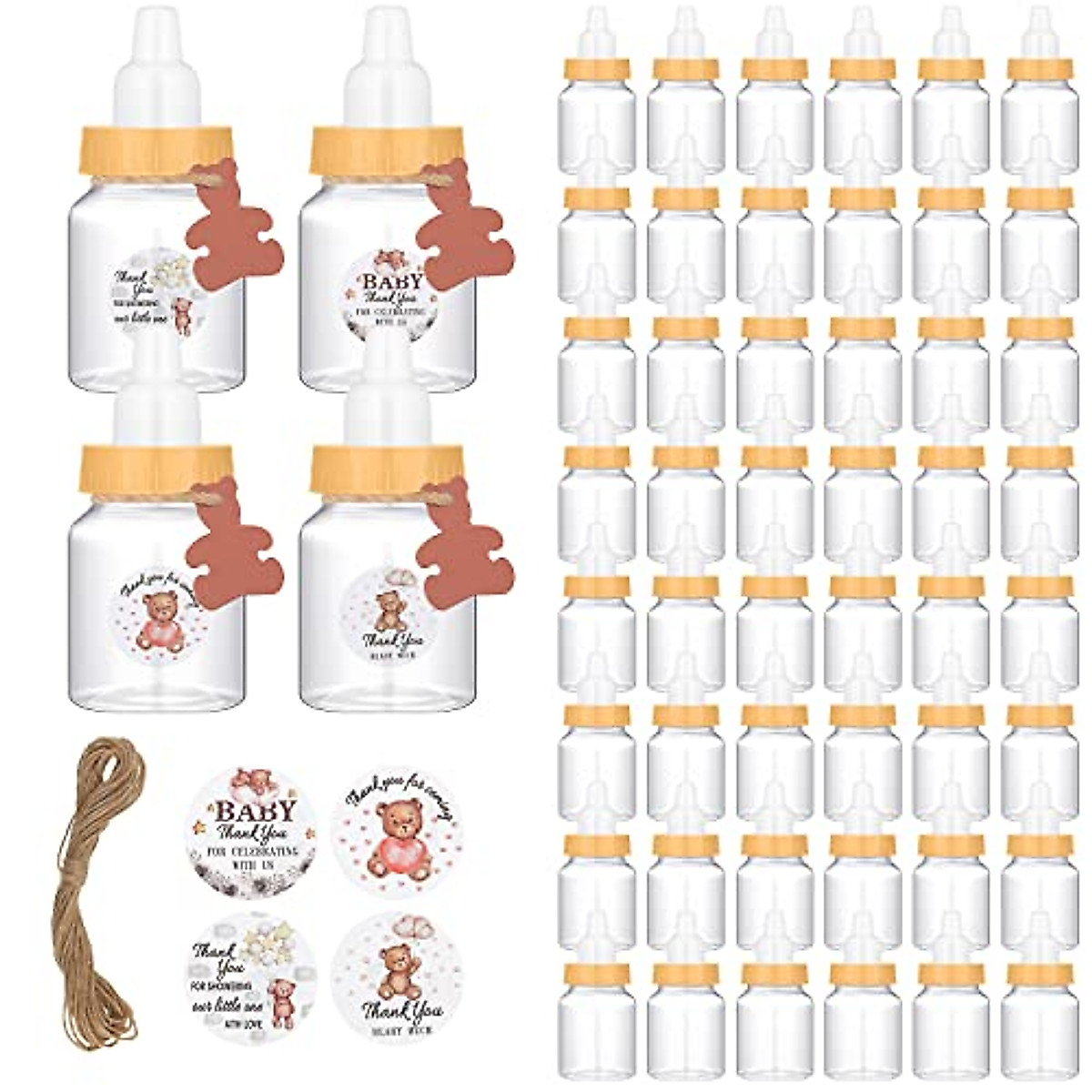 48 Pcs 1.5 x 3.4 Inch Mini Baby Bottle Shower Feeding Bottle Favor with 500 Adhesive Baby Shower Thank You Stickers and 48 Pcs Bear Shaped Decors for Baby Shower Party