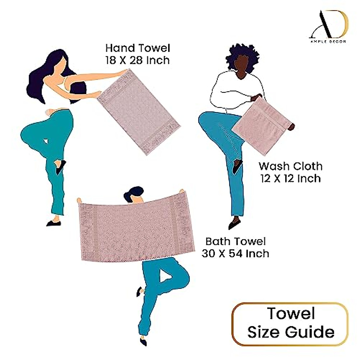 Ample Decor 100% Cotton 6 Pcs Bath Towel Set, Luxury Bath Towels for Bathroom - 2 Bath Towels, 2 Hand Towels, 2 Washcloths - Soft Pink