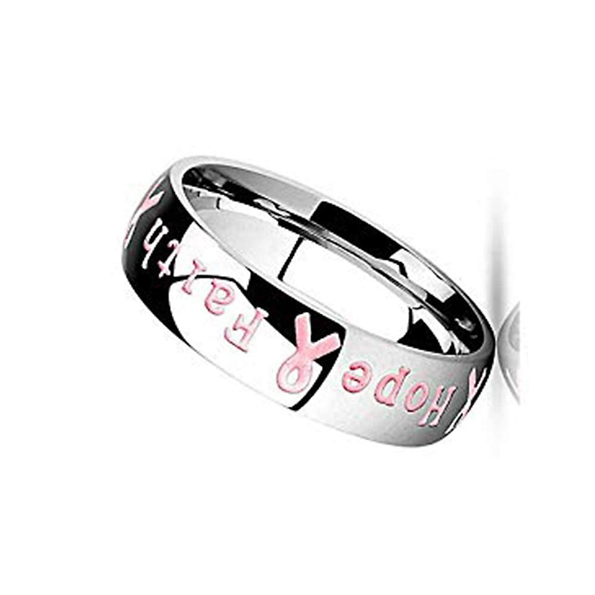 Luxe Modz Women’s Inspirational Breast Cancer Awareness Ring, Stainless Steel, Courage Hope Faith Pink Ribbon Charm Ring, Size 11, 6mm Wide, Stylish & Comfortable, Breast Cancer Survivor Gift
