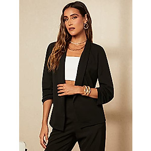Verdusa Women's 3/4 Length Sleeve Shawl Collar Ruched Sleeve Open Front Suiting Blazer Black M