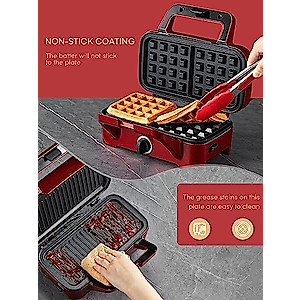 3-in-1 Sandwich Maker, 1200W Grill, Waffle and Sandwich Maker, 5 Speed Temperature Control, 3 Non-Stick and Removable Plates, Cold Touch Handle, LED Light Indicators, BPA Free, Red