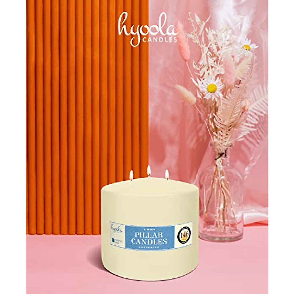 HYOOLA Ivory Three Wick Large Candle - 6 x 6 Inch - Unscented Big Pillar Candles - 146 Hour - European Made