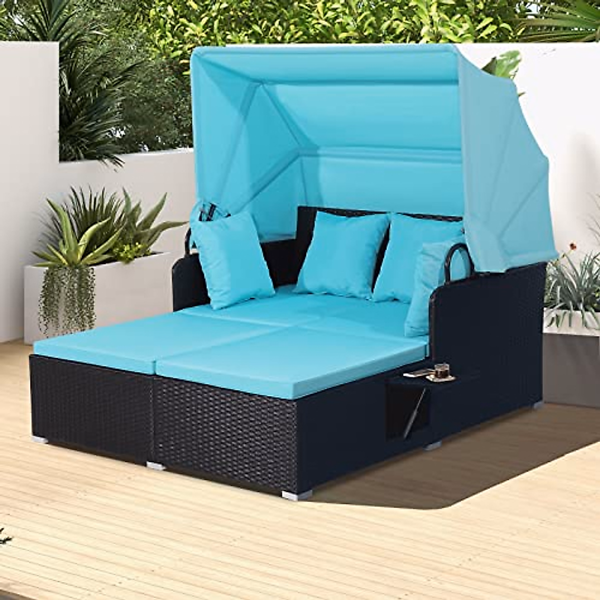 Tangkula Patio Rattan Daybed, Patiojoy Wicker Daybed Lounger w/Retractable Canopy, 2 Foldable Side Panels, Thick Seat & Back Cushions, Double Conversation Bed for Garden, Backyard, Porc (Turquoise)