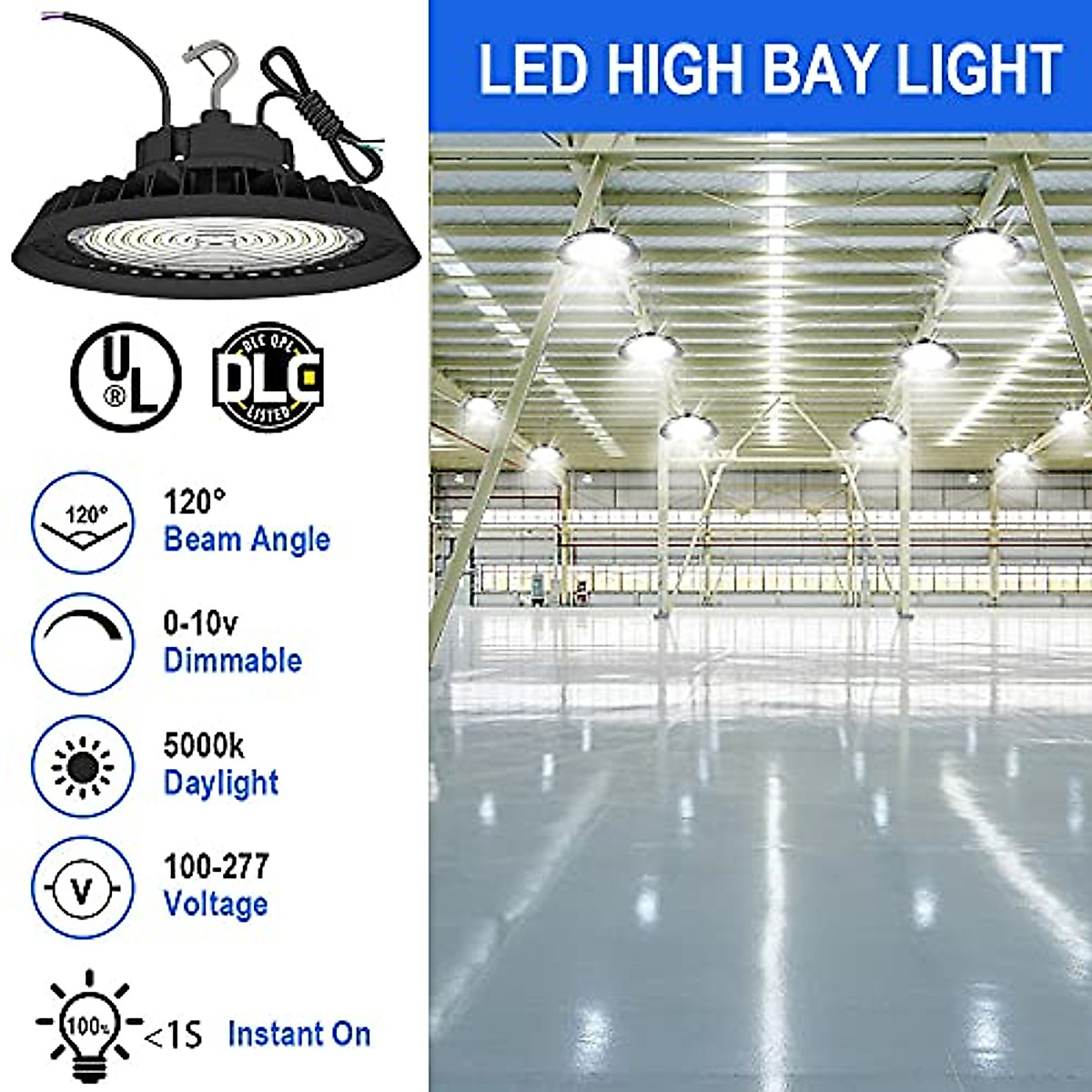 200W LED UFO High Bay Light 30000LM 5000K LED Commercial Bay Lighting for Gym Factory Warehouse - 0-10V Dimmable, 550W MH/HPS Equiv- US Hook 5' Cable, Safe Rope, UL&DLC Listed(2-Pack)