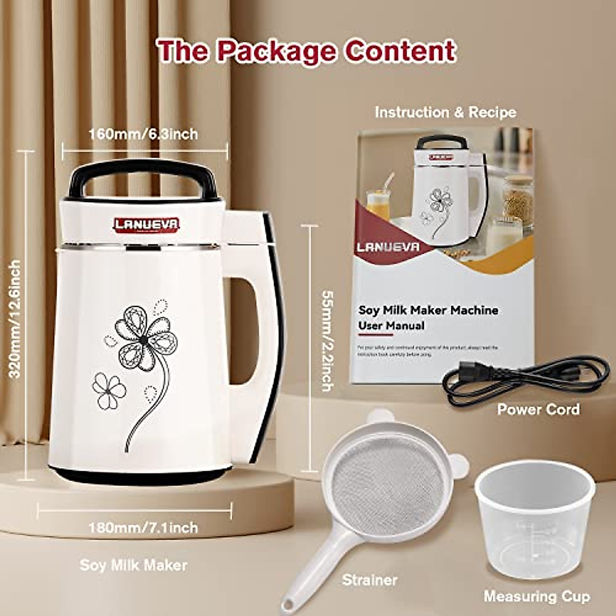 LANUEVA Soy Milk Maker Machine 1.3L/44OZ, 8 In 1 Nut Milk Maker for Dry Wet Soybean, Almond Milk, Vegan Nut Milk, Oat Milk, Smoothies, Porridge, Paste, Juice, Self-Cleaning, Include Recipe, 110V