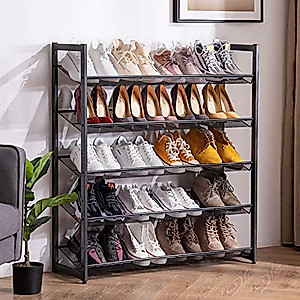 Apicizon 5-Tier Metal Shoe Rack for up to 25 Pairs Shoe Organizer with Angle from Slant to Flat, Stackable Shoe Storage Shelves with Stable Iron Structure for Entryway Closet, Grey